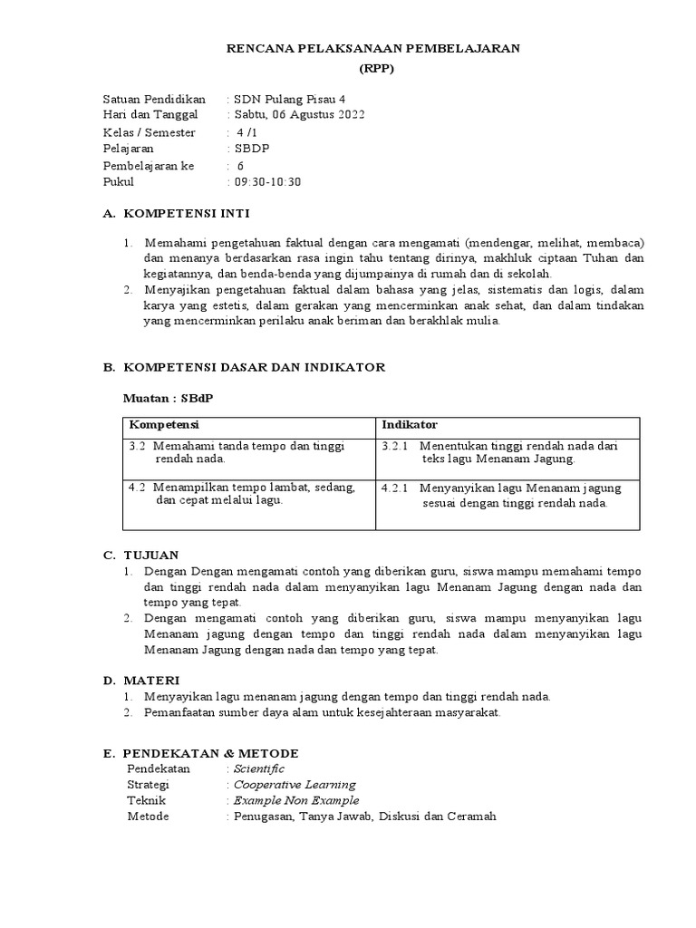 RPP Kelas 4 SBDP | PDF