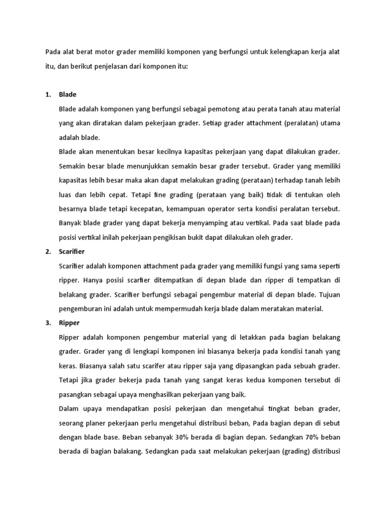 Komponen dan Fungsi Motor Grader | PDF