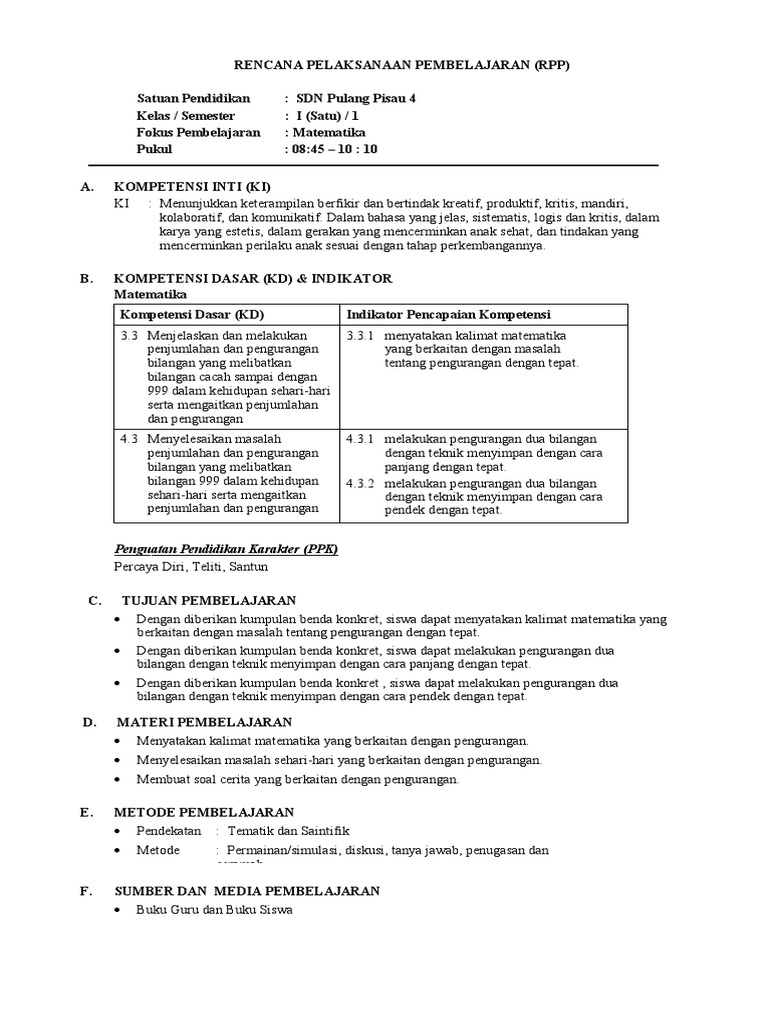 RPP Kelas 1 Matematika Kelas 1 SD | PDF