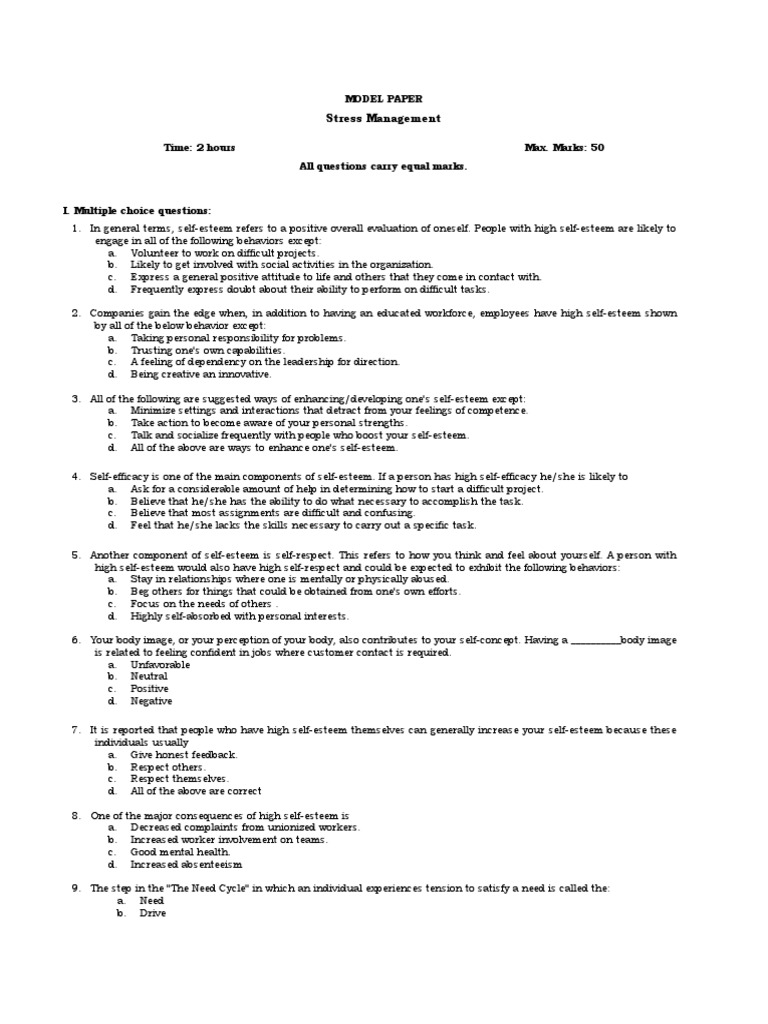 Stress Management - Set 3 | PDF | Self Esteem | Goal