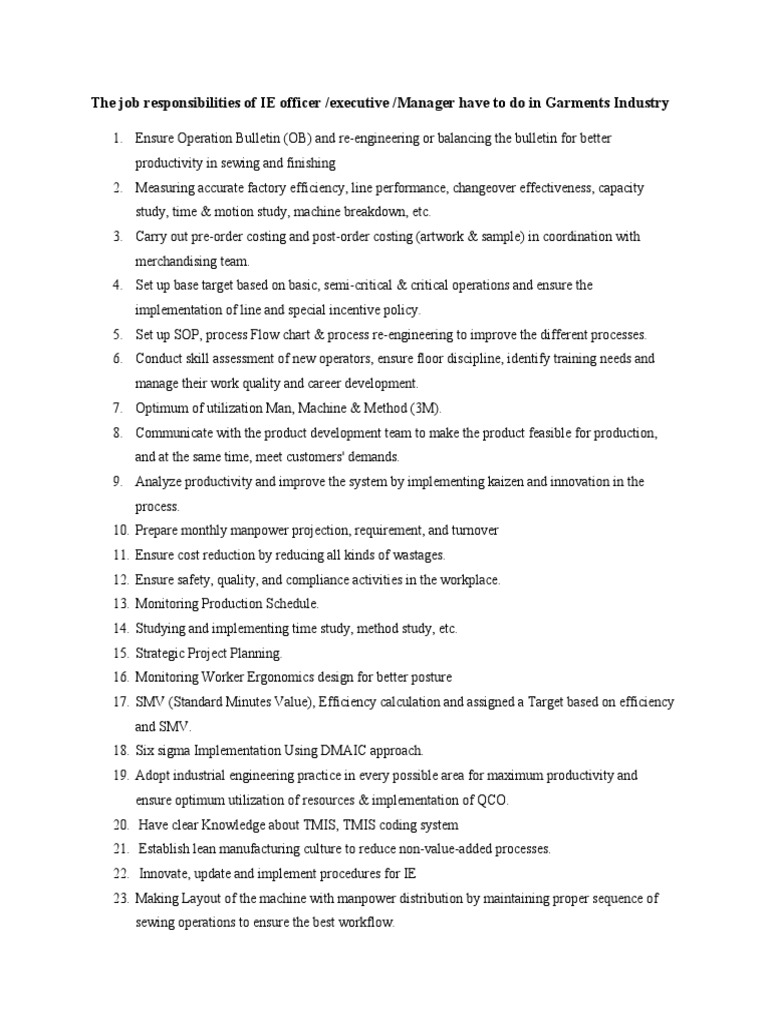 The Job Responsibilities of IE Officer | PDF | Six Sigma | Industrial ...