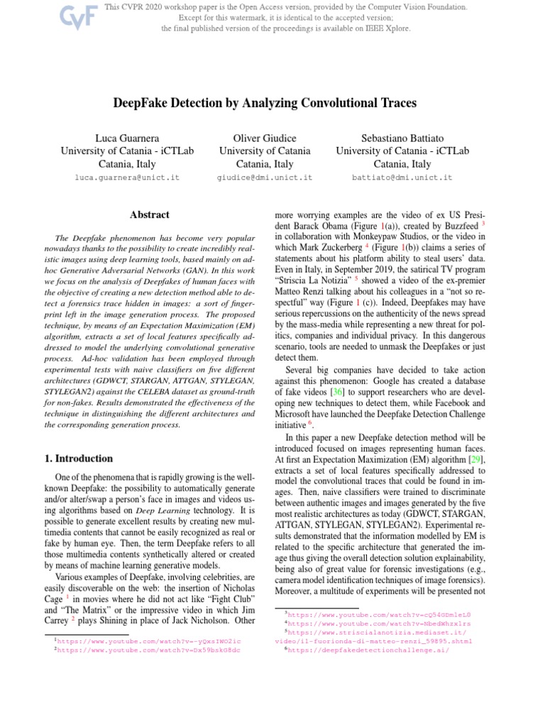 Guarnera DeepFake Detection by Analyzing Convolutional Traces CVPRW ... Guarnera DeepFake Detection by Analyzing Convolutional Traces CVPRW ...