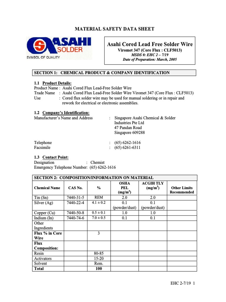 Asahi Lead-Free Solder Wire MSDS | PDF | Solder | Sodium
