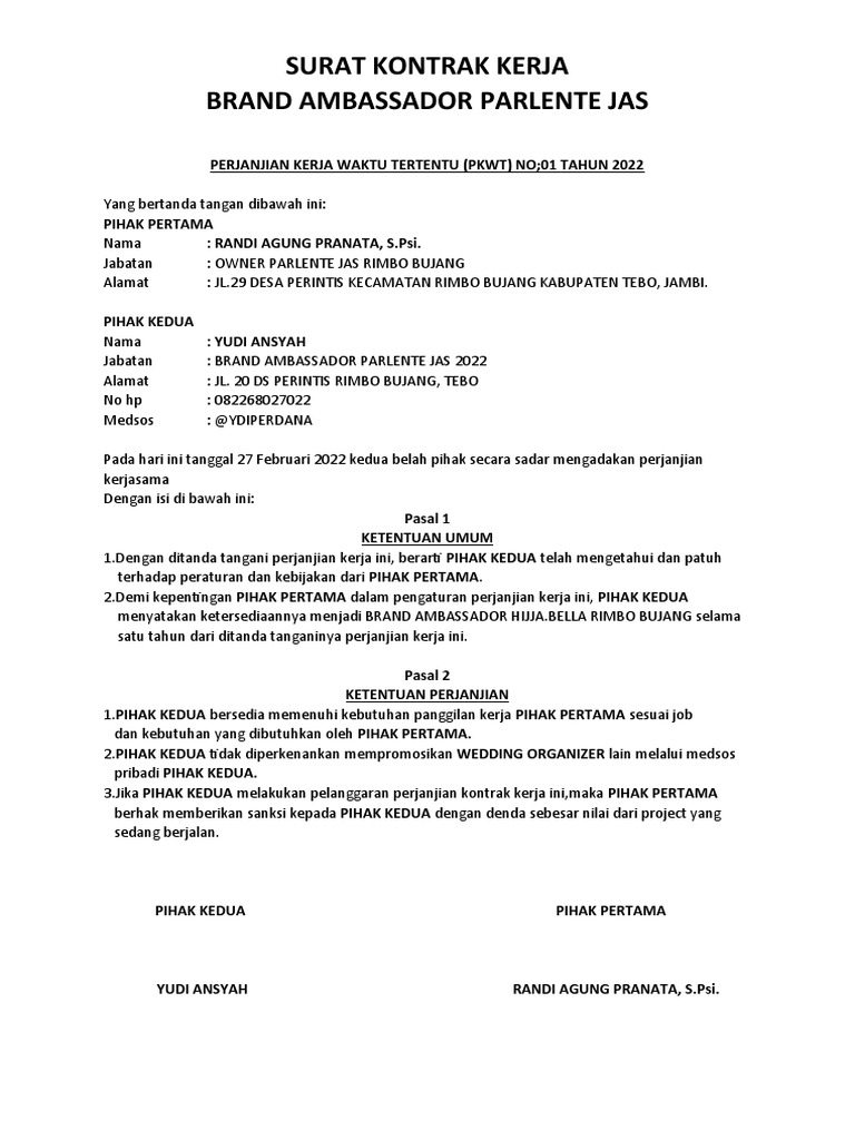 Surat Perjanjian Yudi Ansyah | PDF