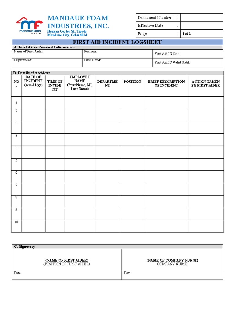 First Aid Incident Logsheet | PDF