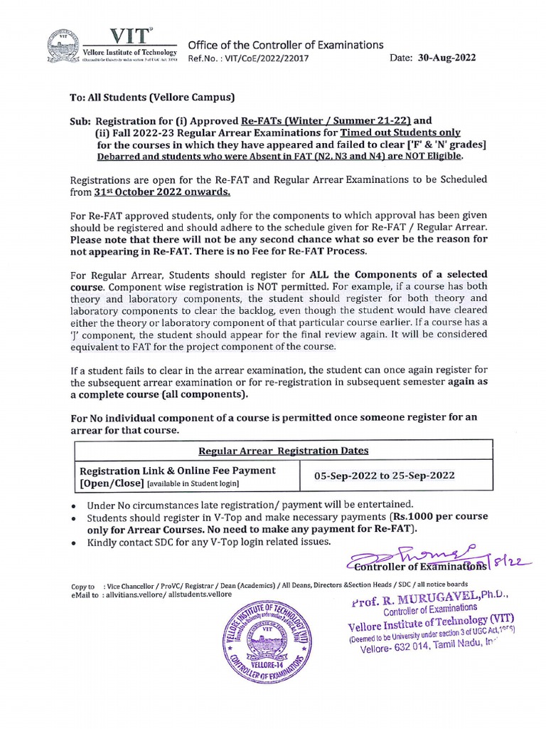 Circular Fall Semester 2022-23 Arrear - Re-FAT Registration | PDF