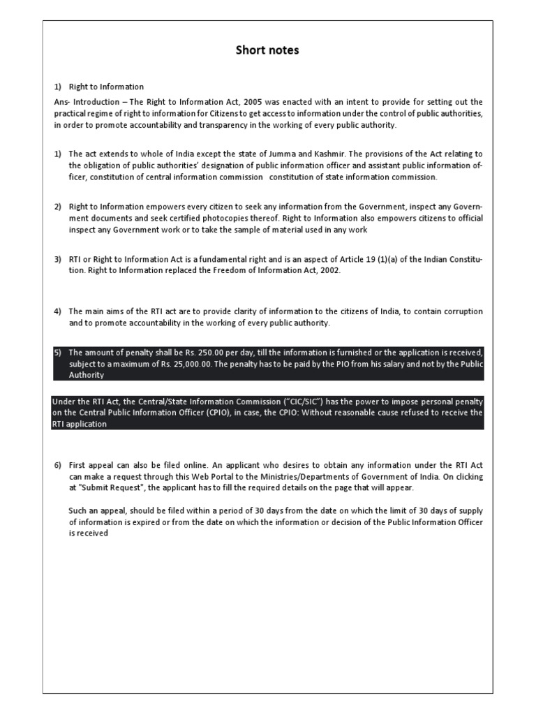 RTI SImple Notes | PDF | Legal Documents | Government