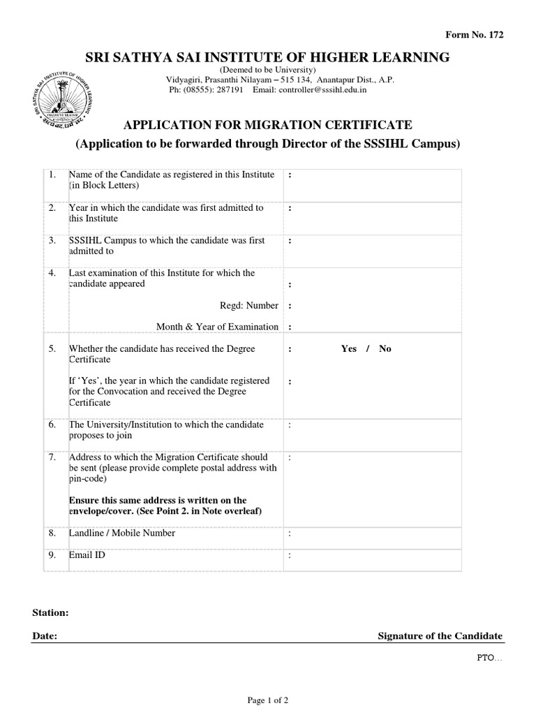 SSSIHL-Examinations Application For Migration Certificate | PDF ...