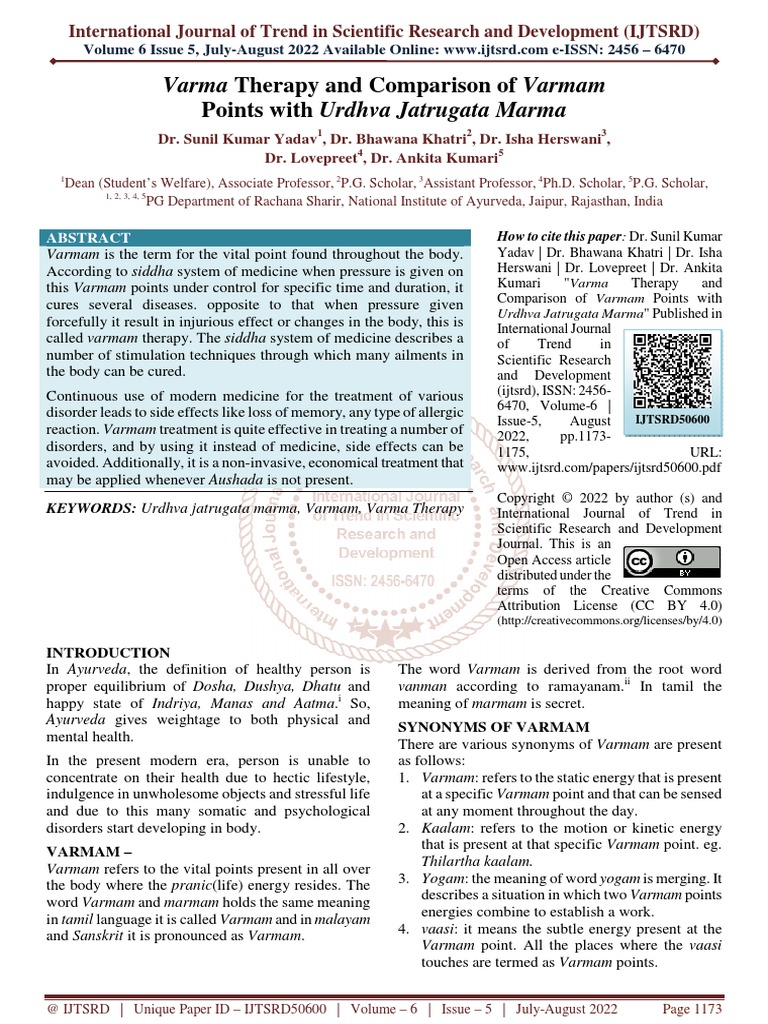 Varma Therapy and Comparison of Varmam Points With Urdhva Jatrugata ...