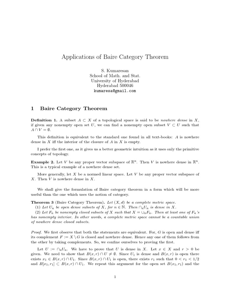 Applications of Baire Category Theorem | PDF | Vector Space | Geometry