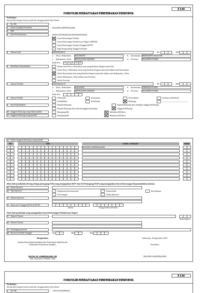 Formulir F-1.03 Formulir Pendaftaran Perpindahan Penduduk | PDF