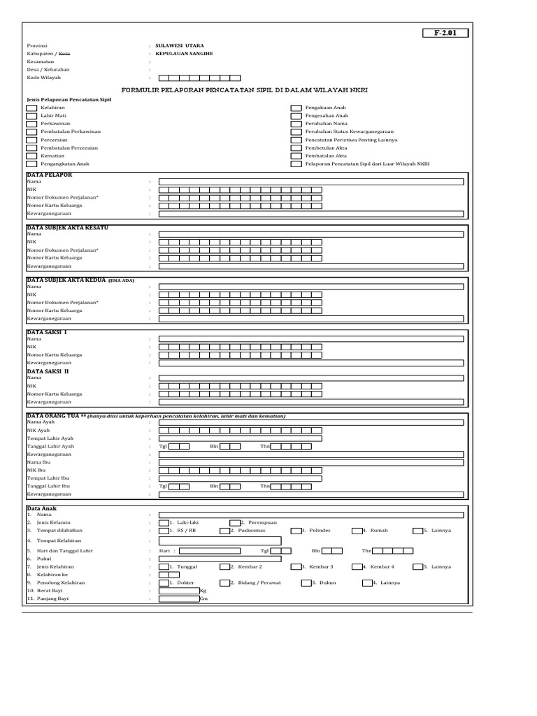 Formulir F-2.01 Formulir Pelaporan Pencatatan Sipil Di Dalam Wilayah Nkri | PDF