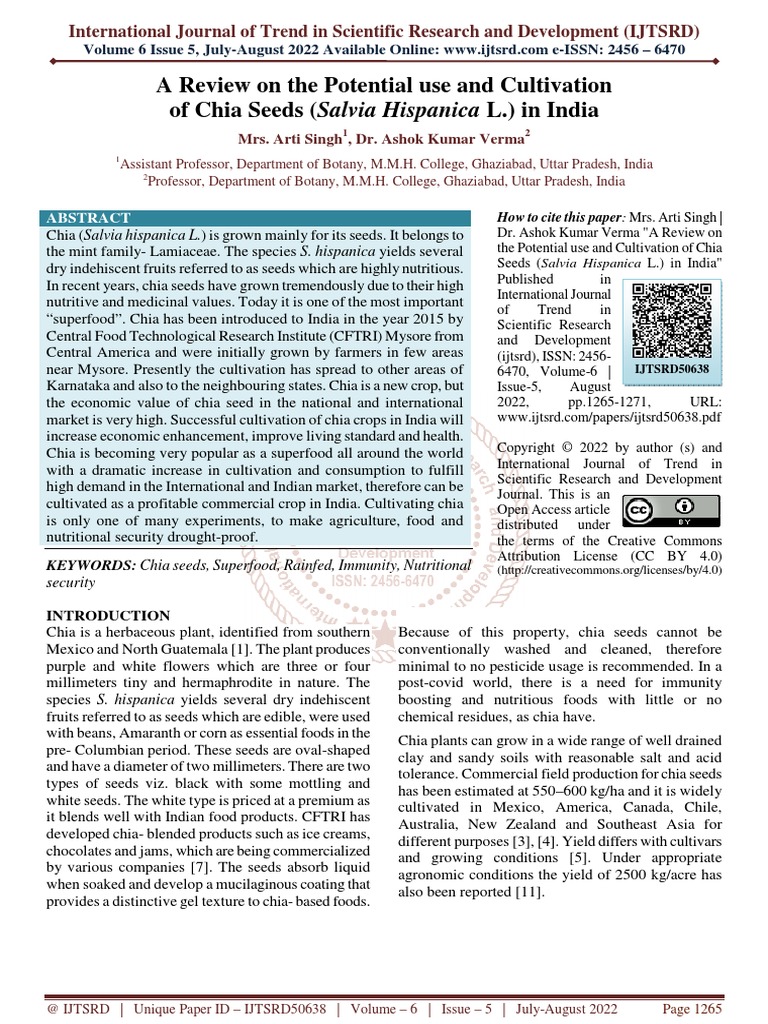 A Review On The Potential Use and Cultivation of Chia Seeds Salvia Hispanica L. in India | PDF ...