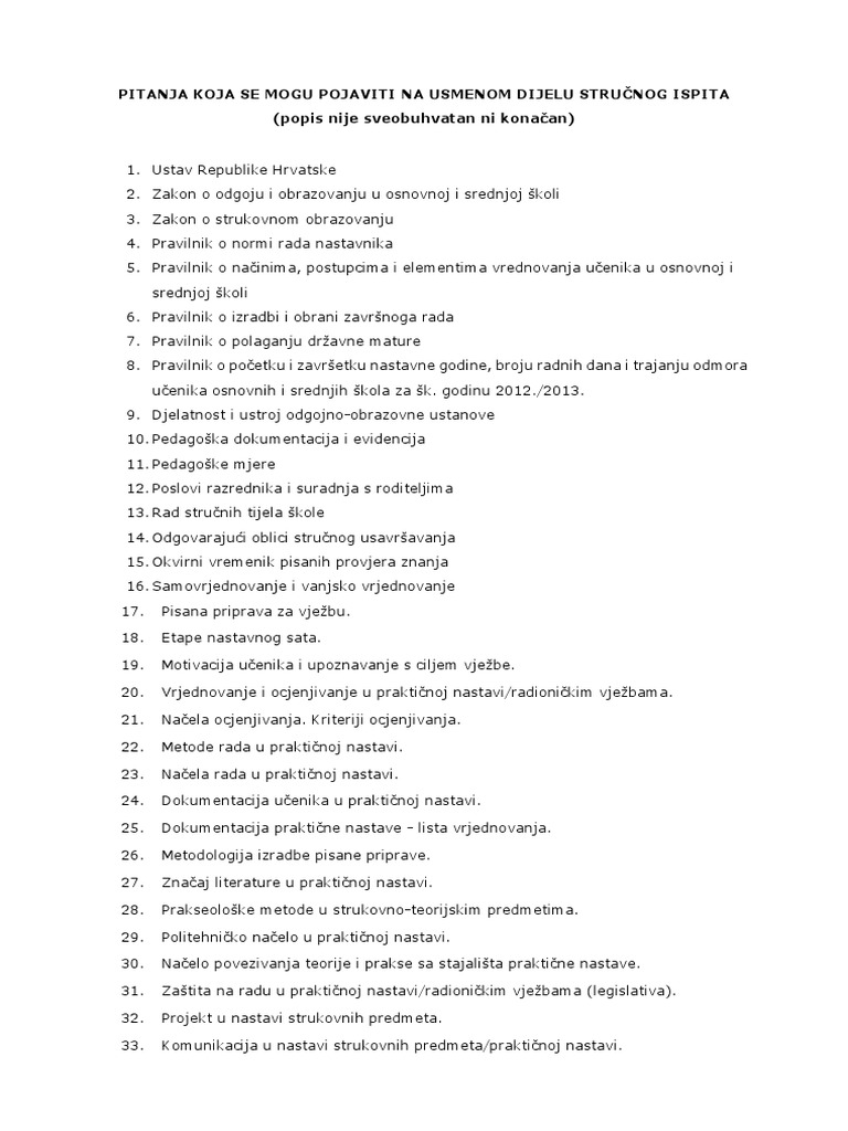 Usmeni Dio - Pitanja | PDF