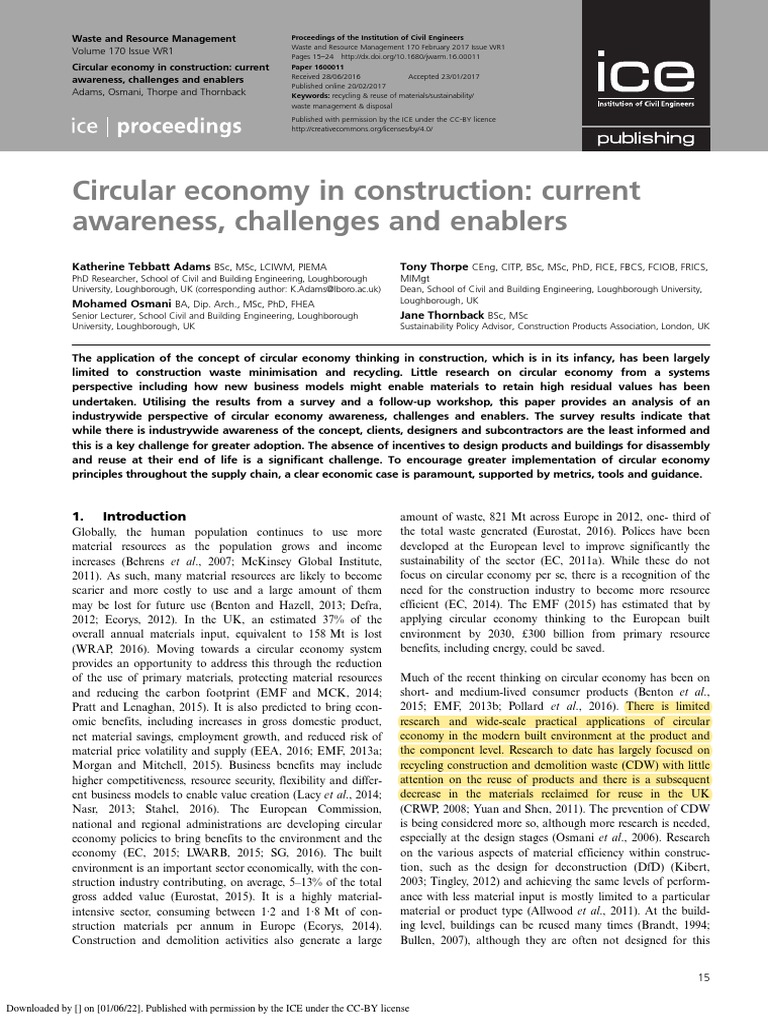 Circular Economy in Construction Currentawareness, Challenges and ...