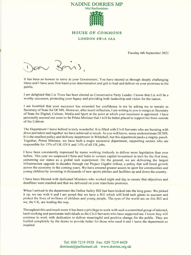 Nadine Dorries Resignation Letter | PDF