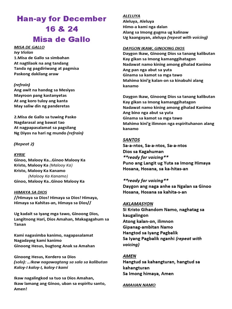 Sample Misa de Gallo Songs For Mass (Cebuano) | PDF