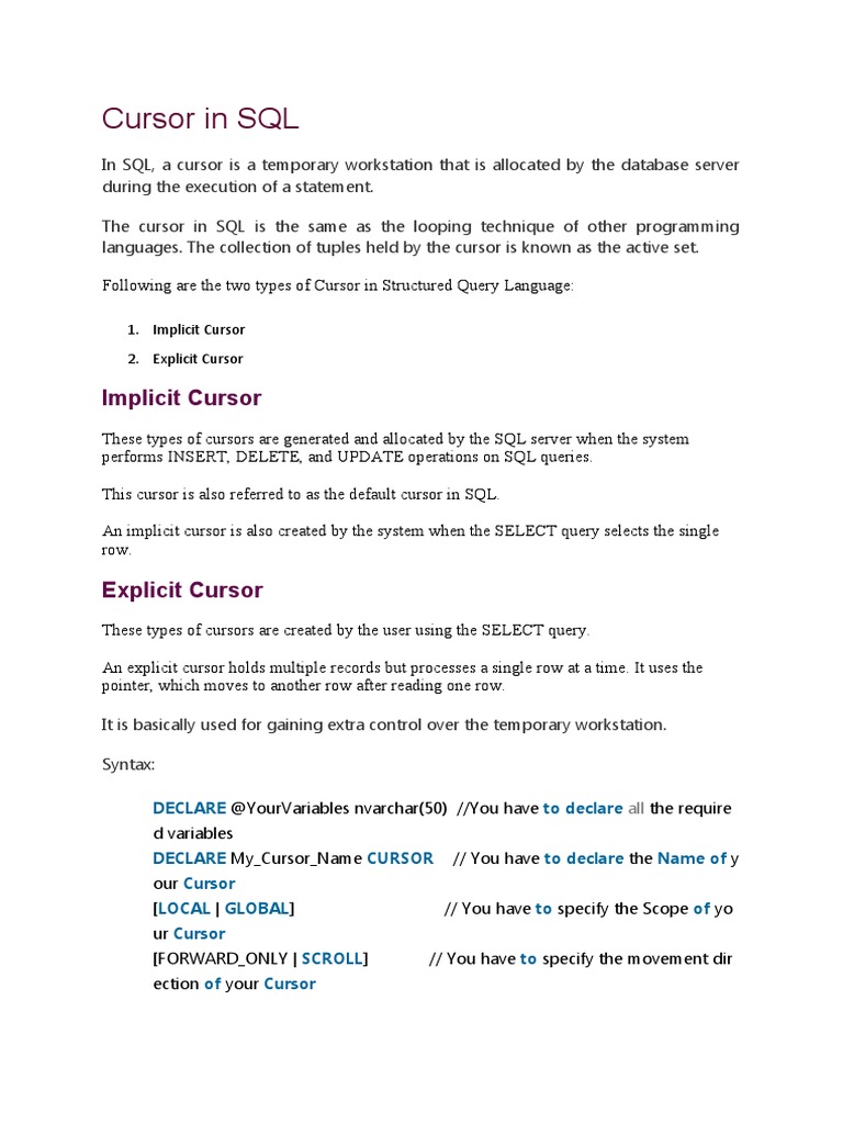 SQL cursor types and usage | PDF | Sql | Software Engineering