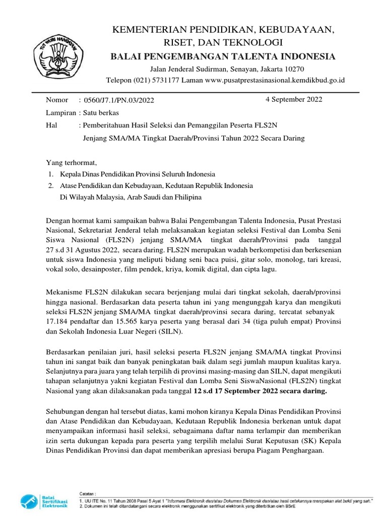 Pemberitahuan Hasil Seleksi Dan Pemanggilan Peserta FLS2N Jenjang SMAMA Tingkat Nasional Tahun ...