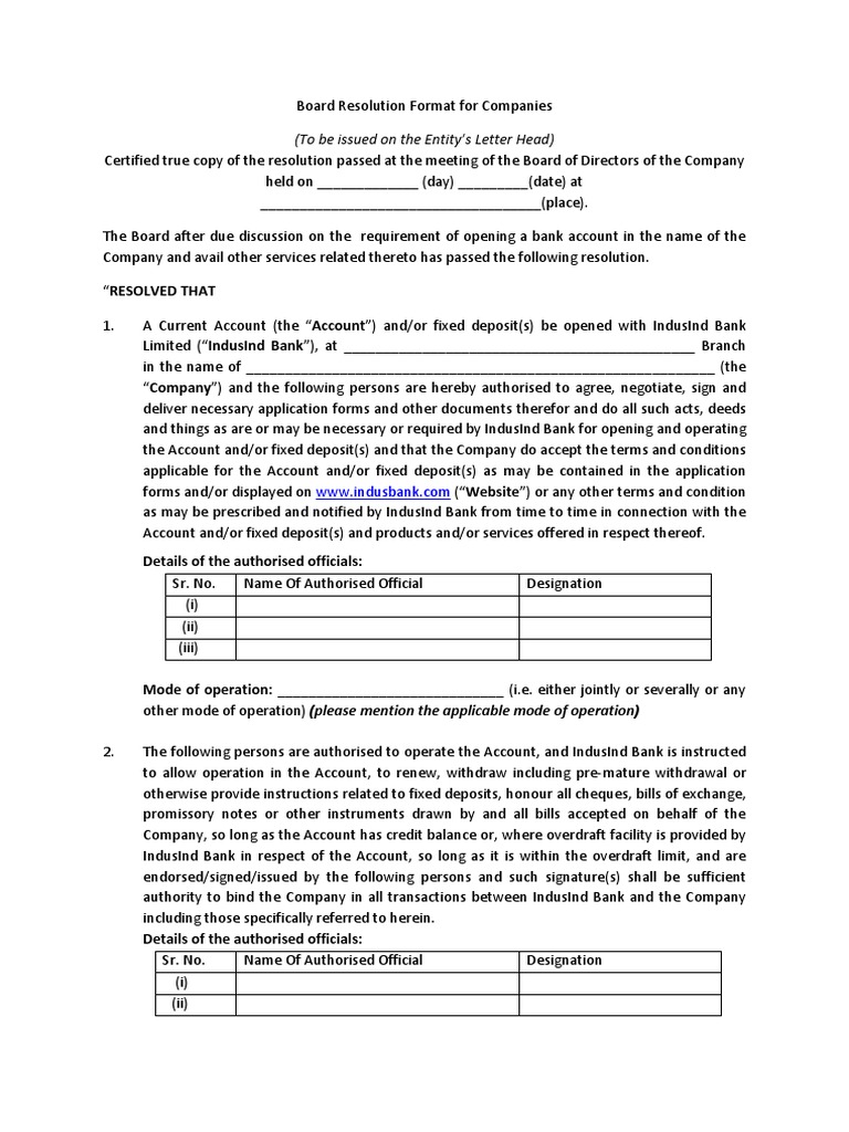 Board-Resolution-Draft-Companies Type | PDF | Banks | Overdraft