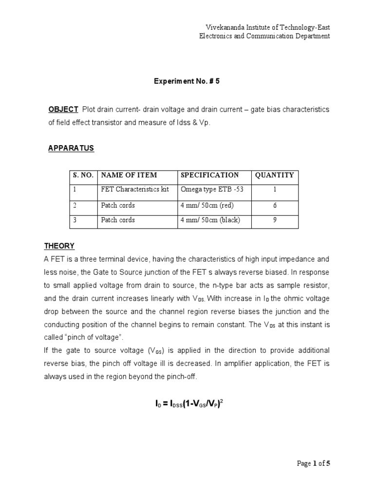 Ex #5 (FET) | PDF | Field Effect Transistor | Electromagnetism