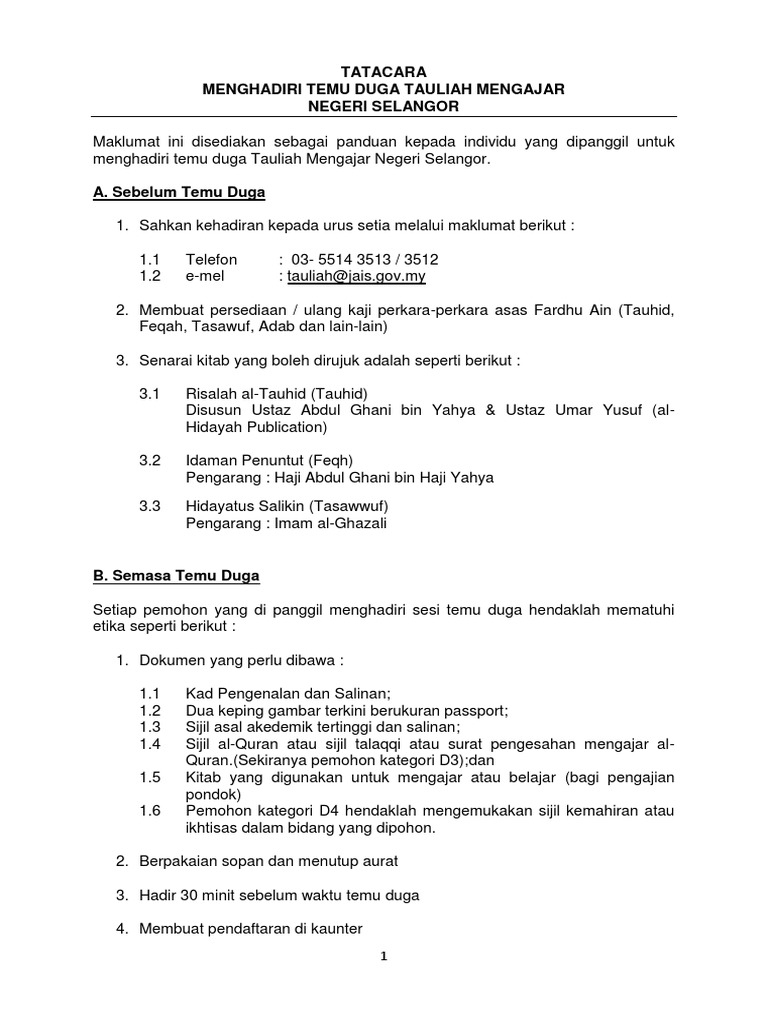 Tatacara Menghadiri Temu Duga Tauliah Mengajar Negeri Selangor | PDF