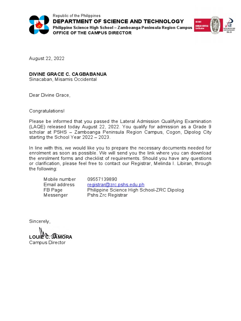 Notification Letter As LAQE Passer | PDF