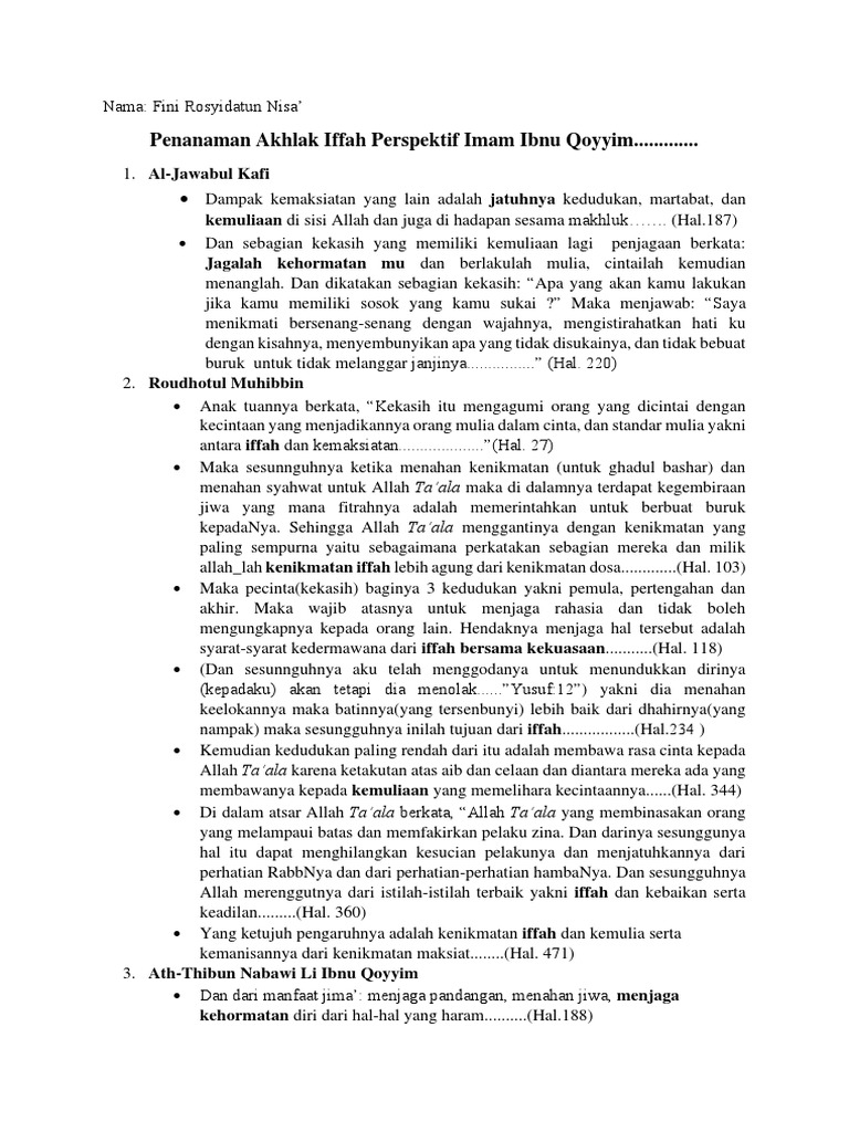 Penanaman Akhlak Iffah Perspektif Imam Ibnu Qoyyim | PDF