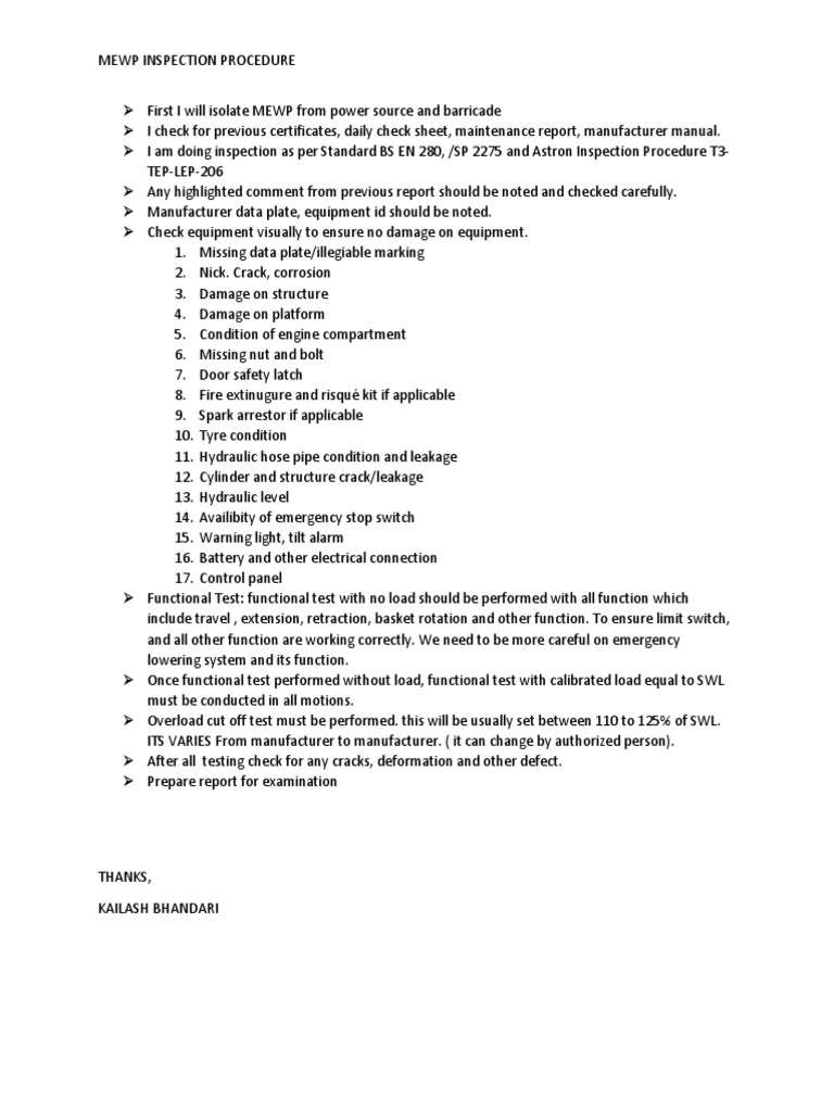 Mewp Inspection Procedure | PDF