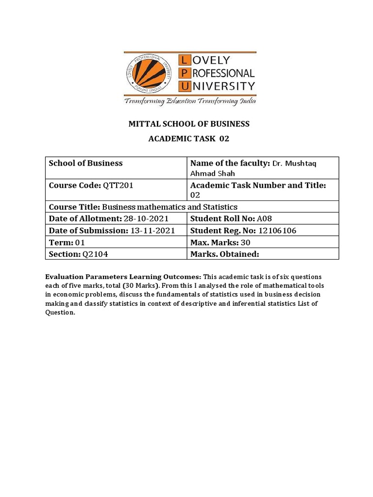QTT201 Assignment 02 | PDF
