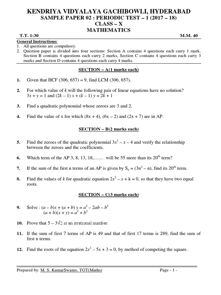 Maths X Periodic Test 1 Samper Paper 02 2017 | PDF | Quadratic Equation ...