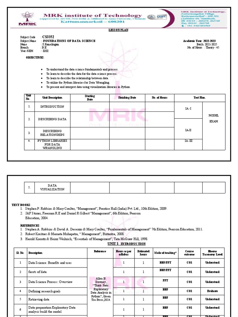 FDS Lesson Plan | PDF | Statistics | Data Analysis