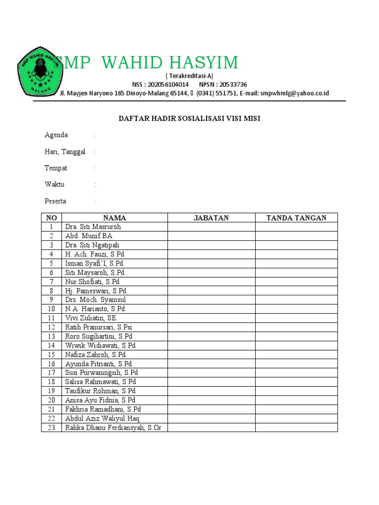 Daftar Hadir Sosialisasi Visi Misi | PDF