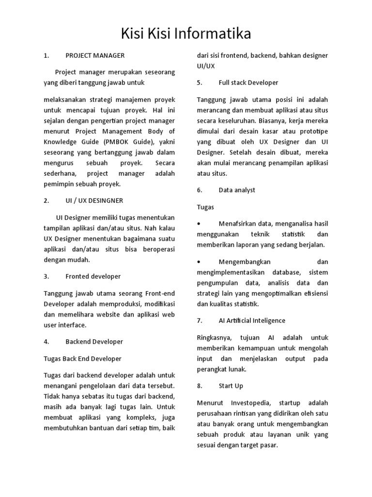 Profesi dan Konsep Informatika | PDF | Komputer | Teknologi & Rekayasa