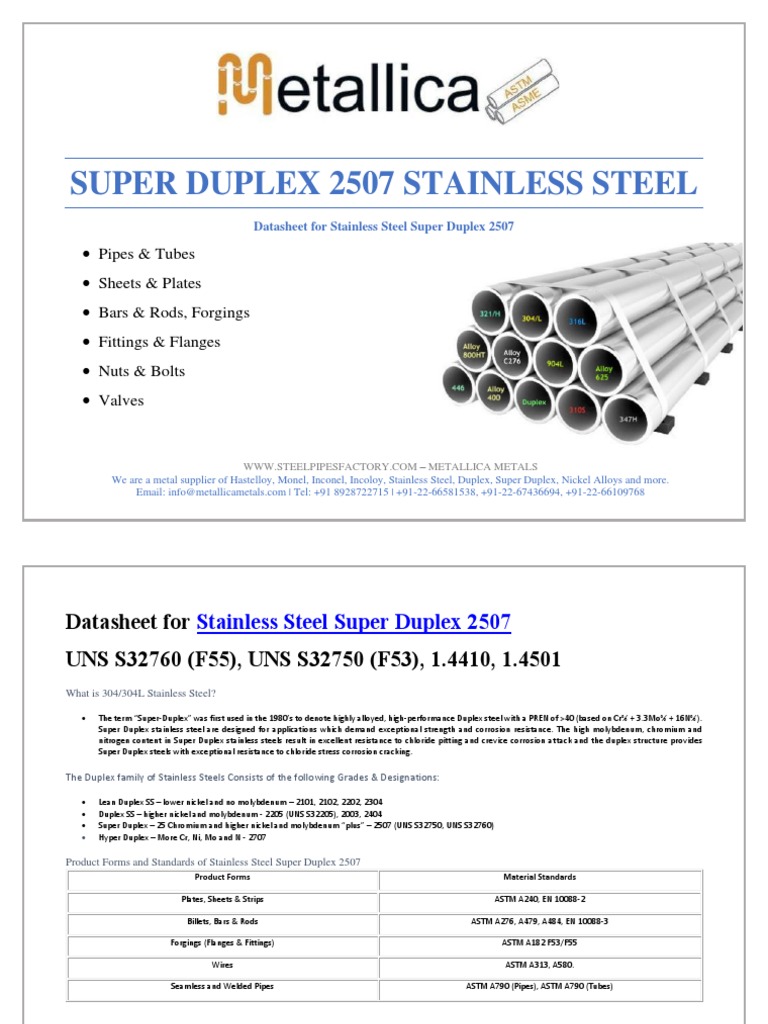 Datasheet For Stainless Steel Super Duplex 2507 | PDF | Stainless Steel | Pipe (Fluid Conveyance)