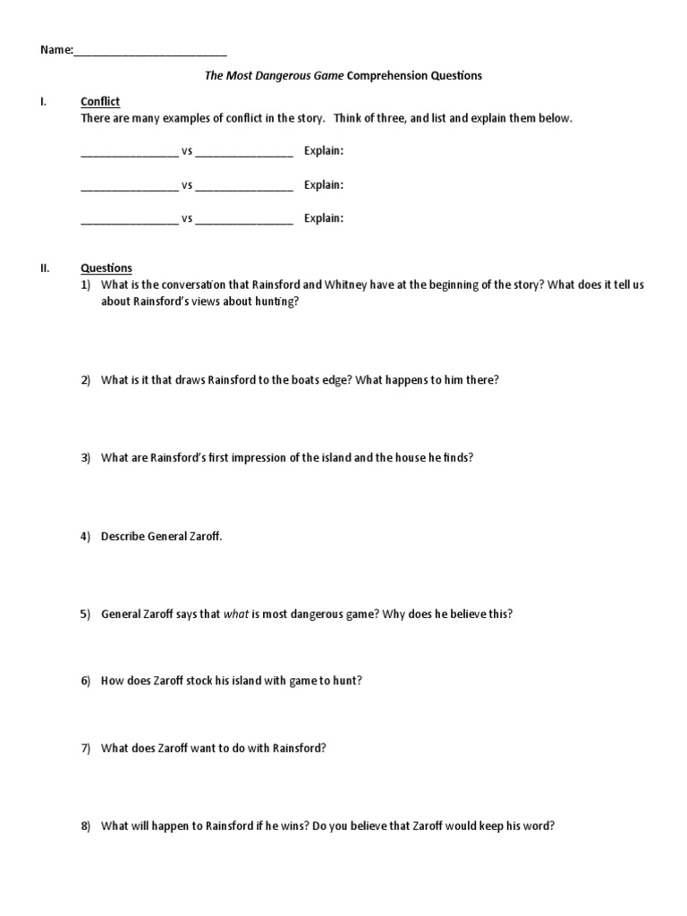 Conflict: The Most Dangerous Game Comprehension Questions | PDF