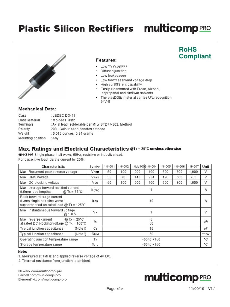 Plastic Silicon Rectifiers: Features | PDF | Rectifier | Diode