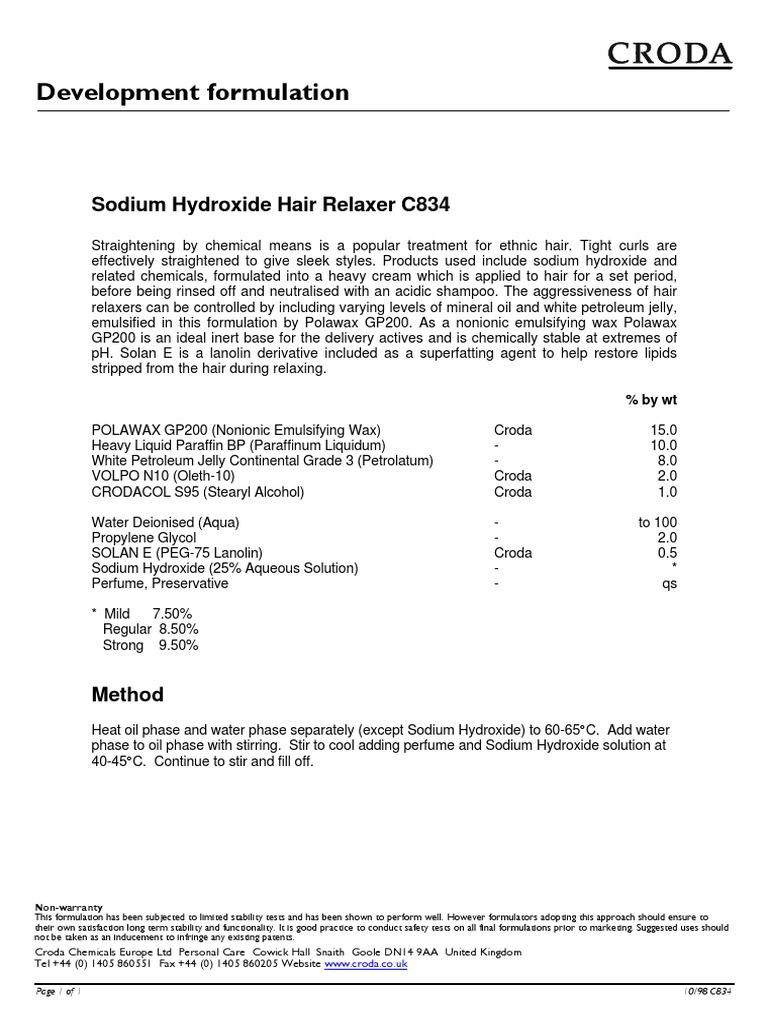 Development Formulation: Sodium Hydroxide Hair Relaxer C834 | PDF ...