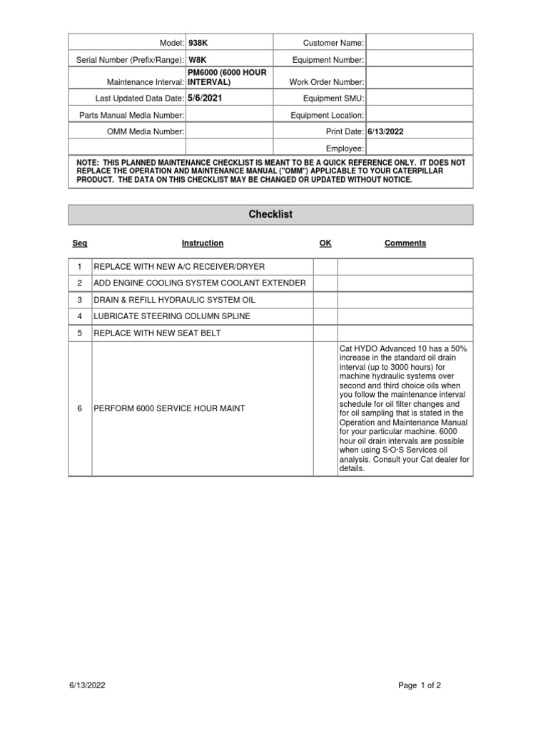 Caterpillar 938K Maintenance Checklist | PDF | Manufactured Goods ...