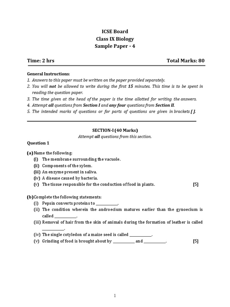 Biology 9 Icse Sample Paper 4 | PDF | Seed | Anatomy