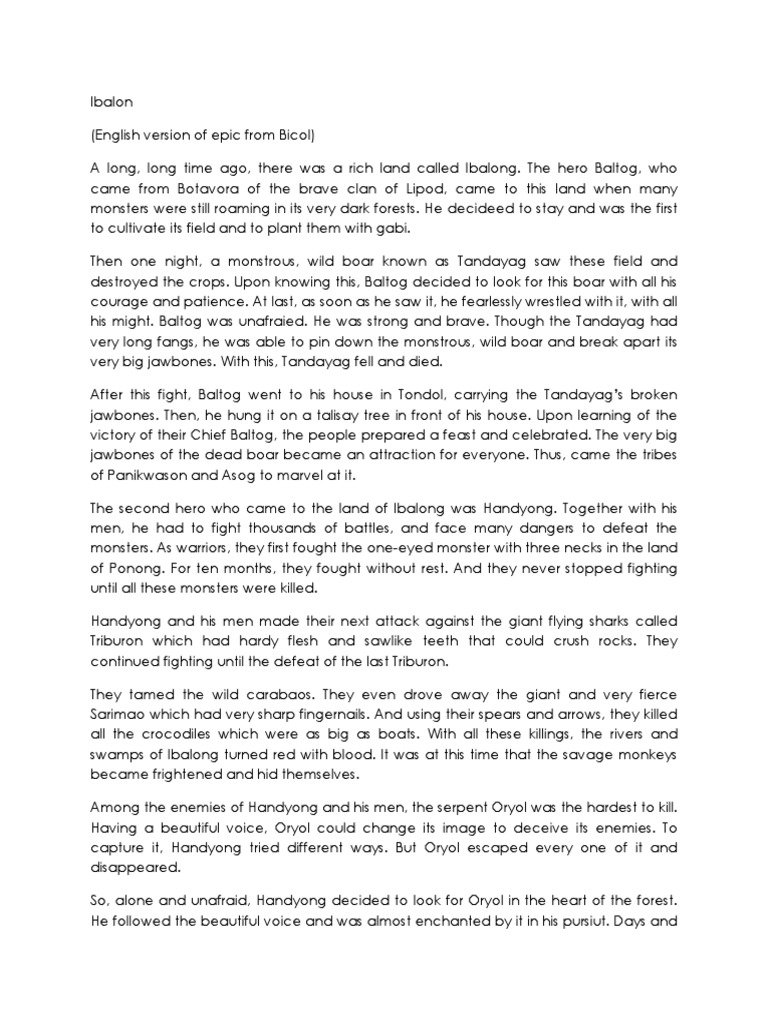 Ibalon English Version of Epic From Bicol A Long Long Time Ago ...