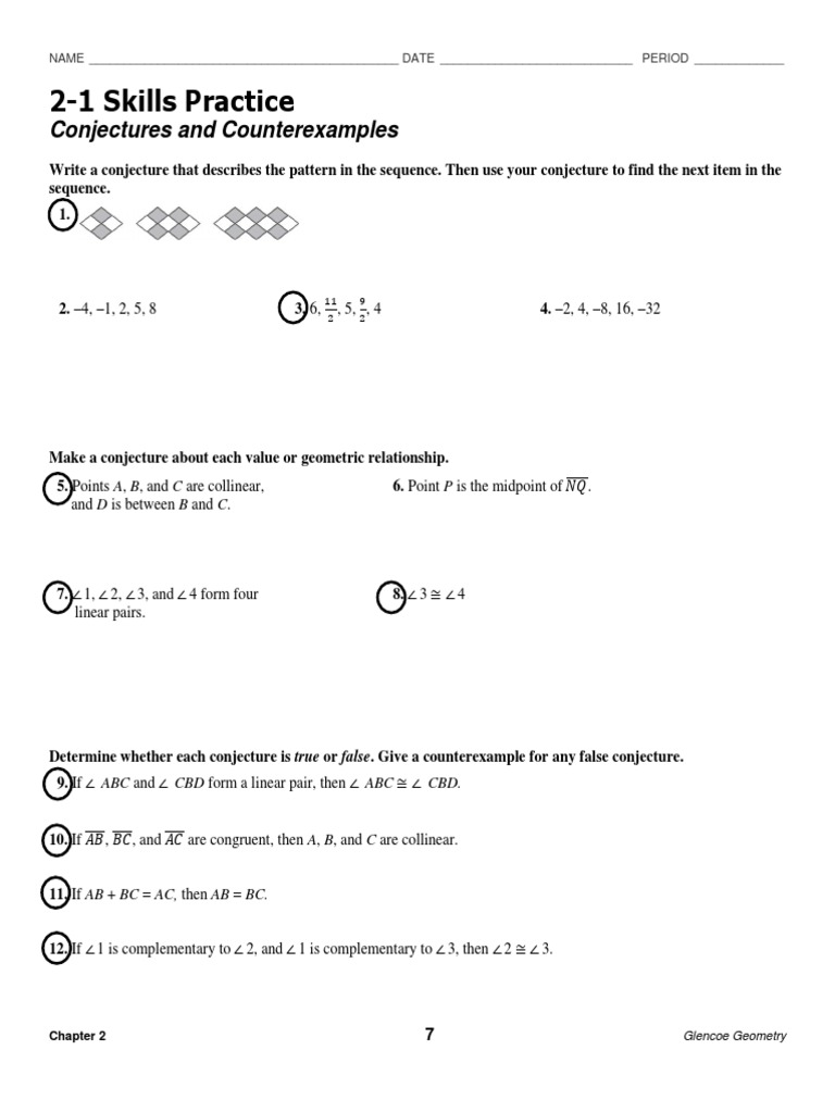 2-1 Skills Practice: Conjectures and Counterexamples | PDF | Teaching ...
