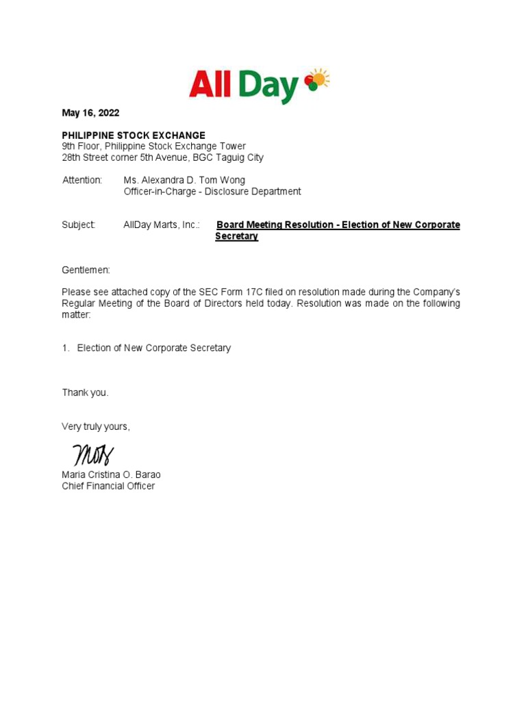 ALLDY - PSE - SEC Form 17C - Board Resolution On Election of New Corp ...