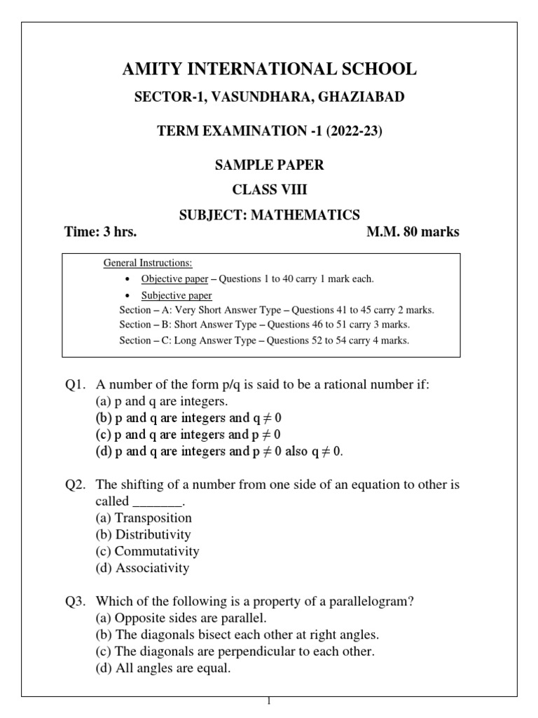 Class 8 Maths Sample Paper Term-1 | PDF | Rectangle | Geometric Shapes