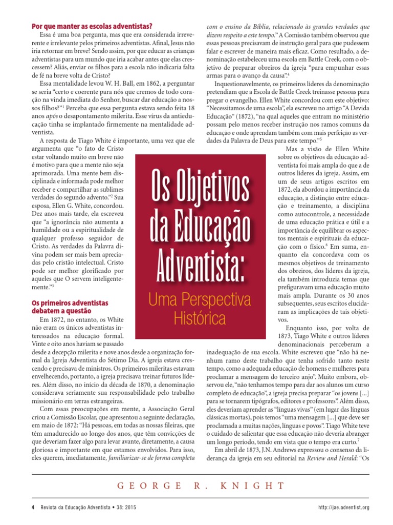 Os Objetivos Da Educação Adventista. Uma Perspectiva Histórica (Artigo ...