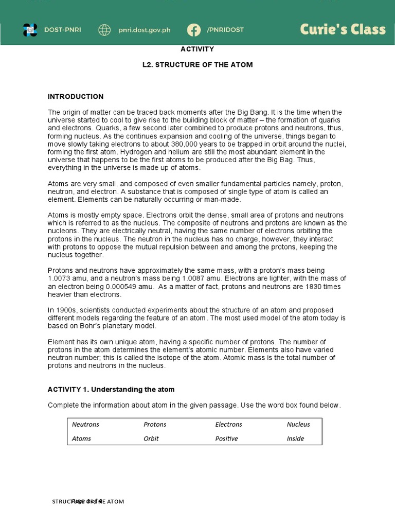 L2 Structure of The Atom Activity | PDF | Atoms | Proton