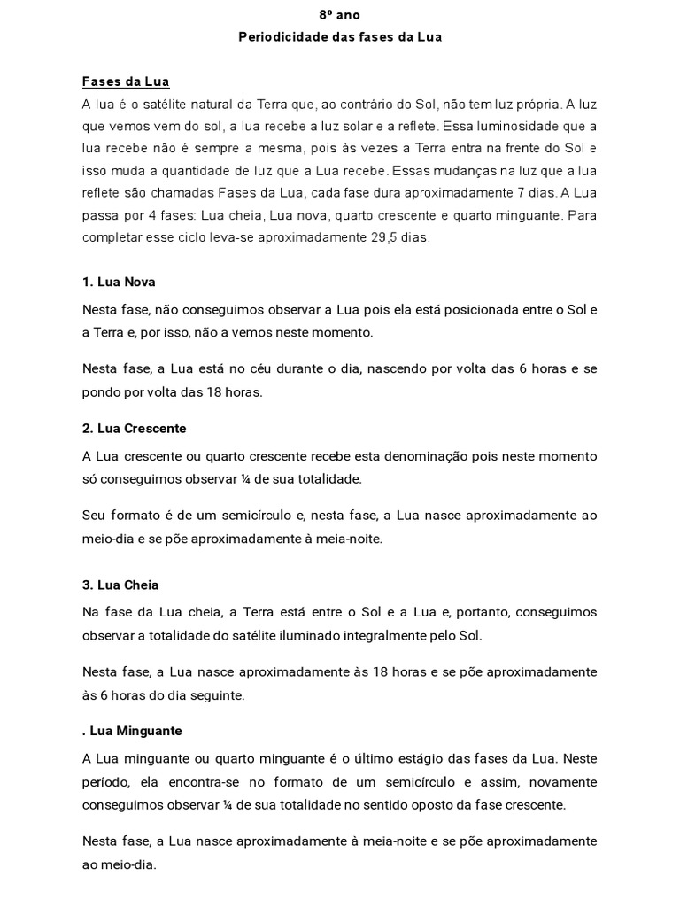 8º Ano Periodicidade Das Fases Da Lua - Documentos Google | PDF | Lua | Sistema Solar