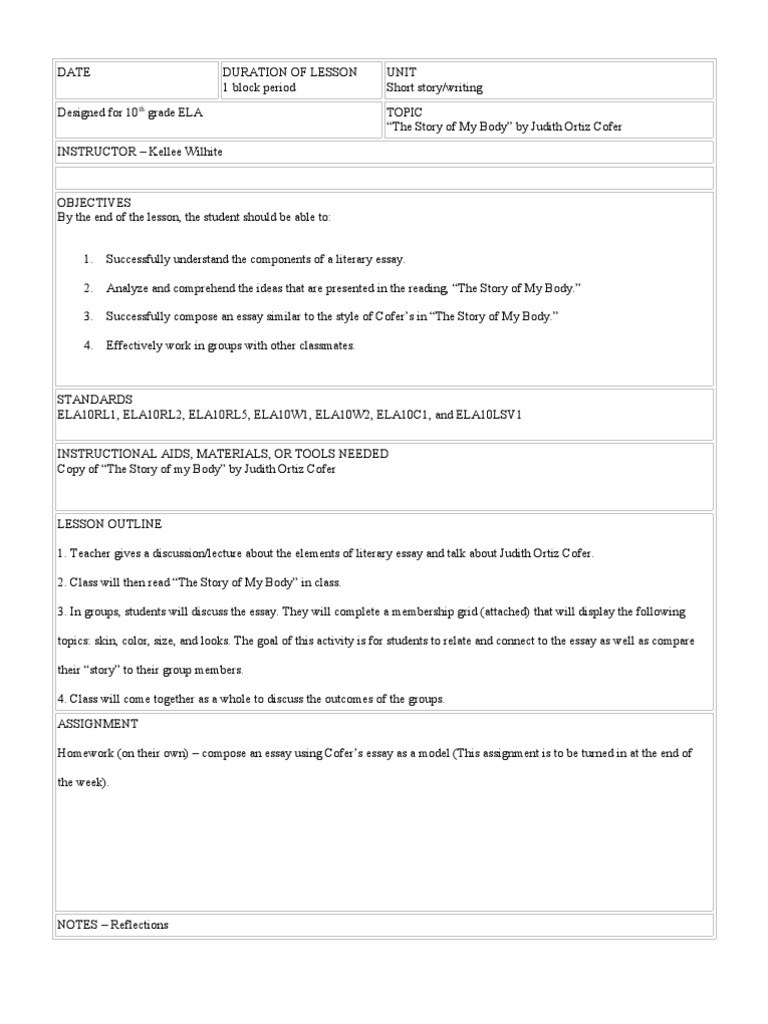 The Story of My Body Lesson | PDF