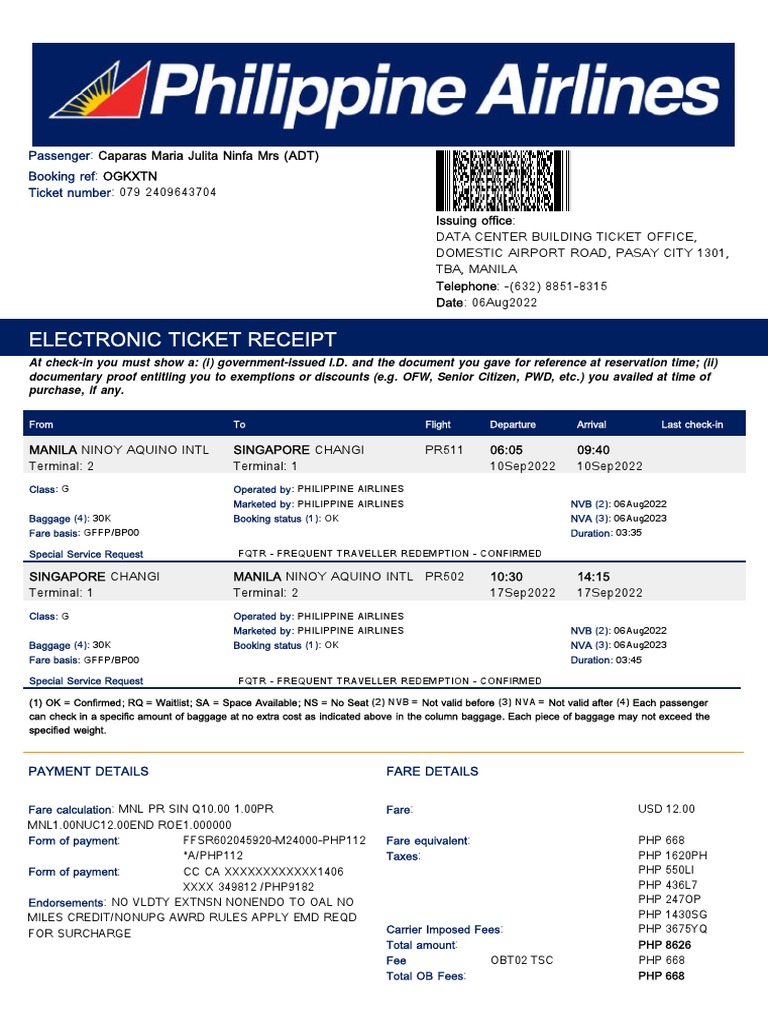 Electronic Ticket Receipt 10sep For Maria Julita Ninfa Caparas | PDF ...