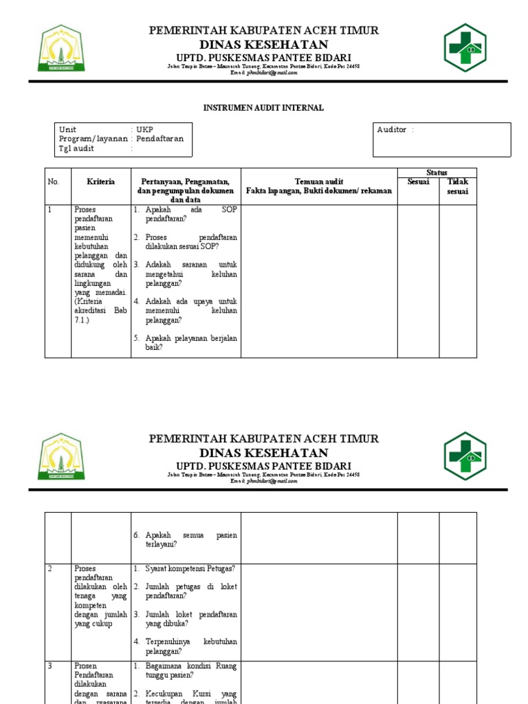 INSTRUMEN AUDIT INTERNAL Pendaftaran Dan Rekam Medis 2 | PDF